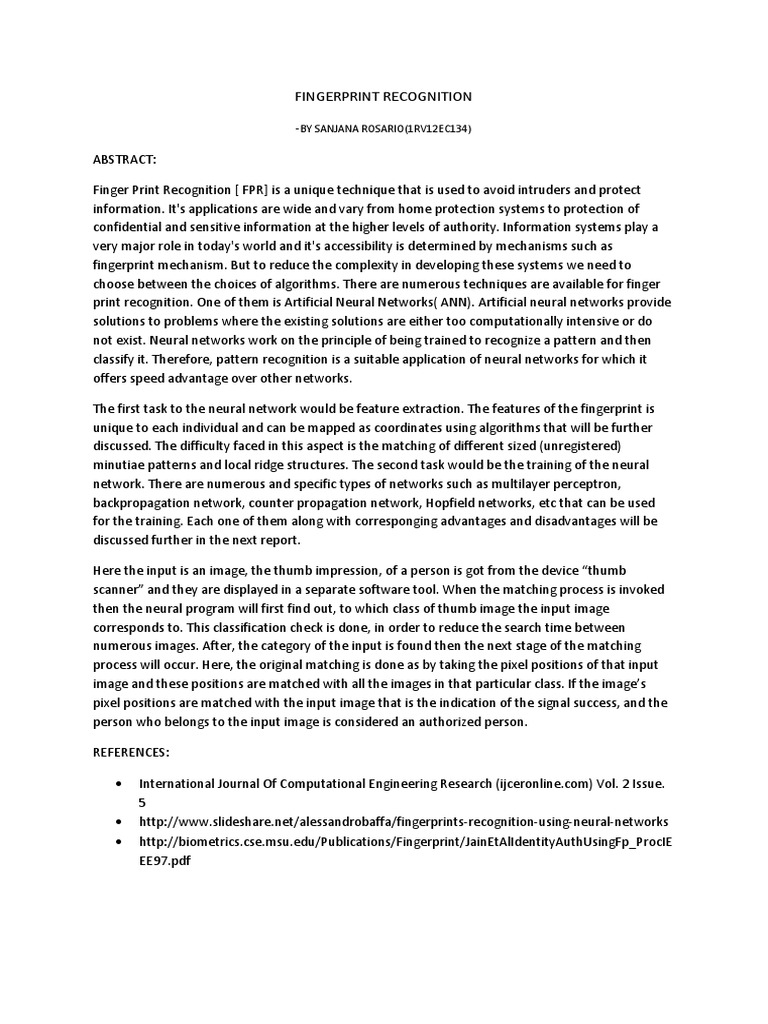Fingerprint Recognition Using Neural Networks | PDF | Artificial Neural Network | Fingerprint