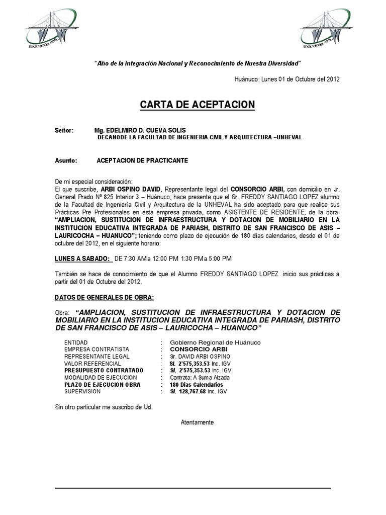 Modelo De Carta De Aceptacion De Practicas Pre Profesionales En Word ... Modelo De Carta De Aceptacion De Practicas Pre Profesionales En Word ...