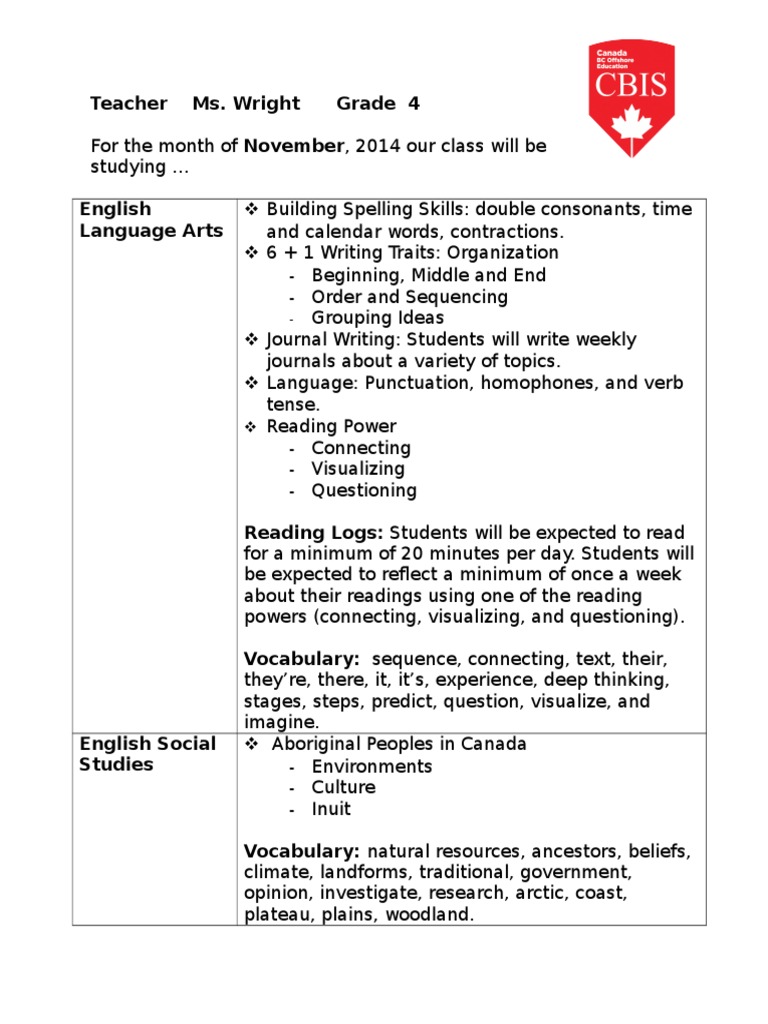 November 2014 Grade 4 Curriculum Overview | PDF | Language Arts ...
