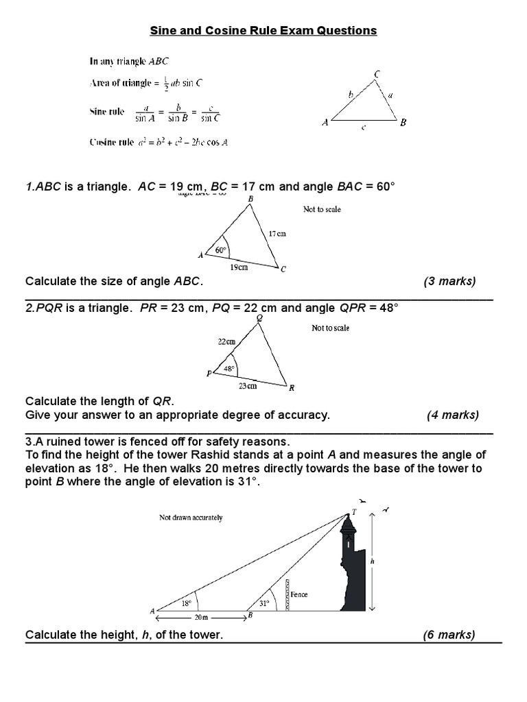 Sine and Cosine Rule Exam Questions | PDF | Trigonometric Functions | Angle