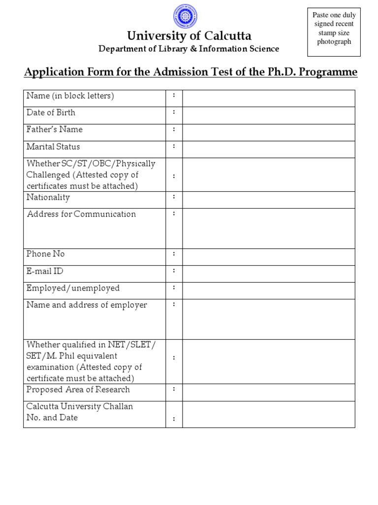 University of Calcutta: Application Form For The Admission Test of The ...