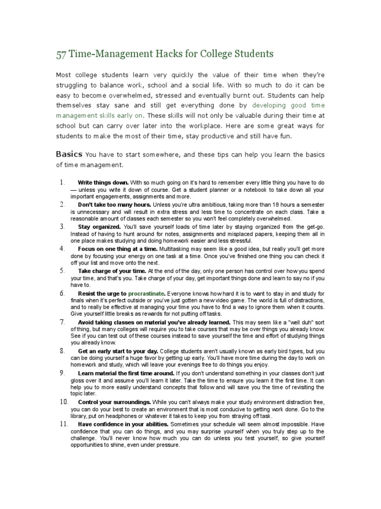 57 Time-Management Hacks For College Students | PDF | Homework | Schools