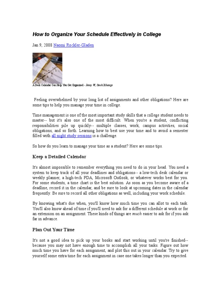 How To Organize Your Schedule Effectively in College | PDF | Time ...