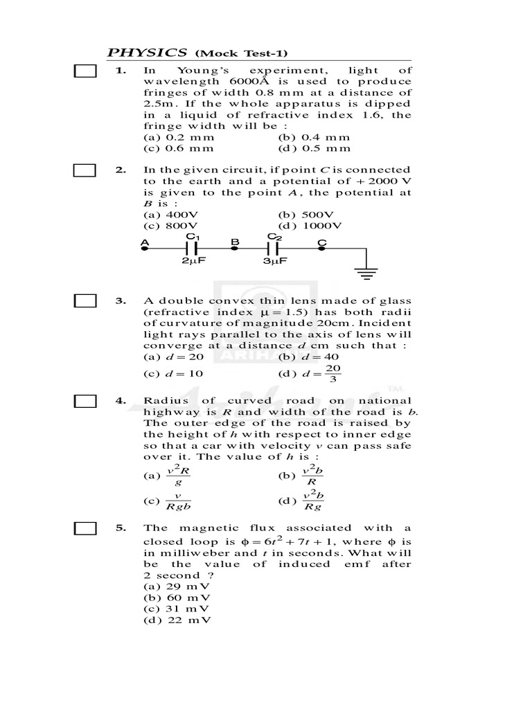 Physics: (Mock Test-1) 1 | PDF | Lens (Optics) | Waves