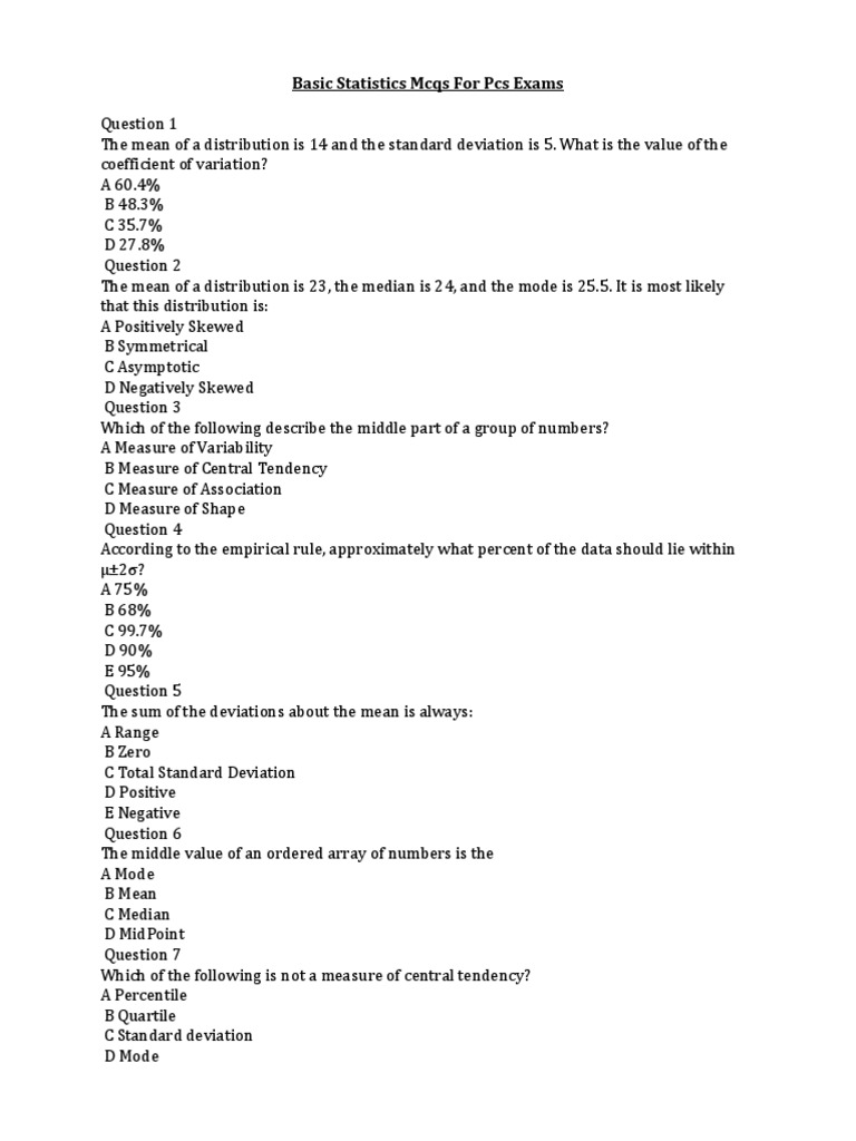 Statistics MCQs for PCS Exams | PDF | Median | Mode (Statistics)