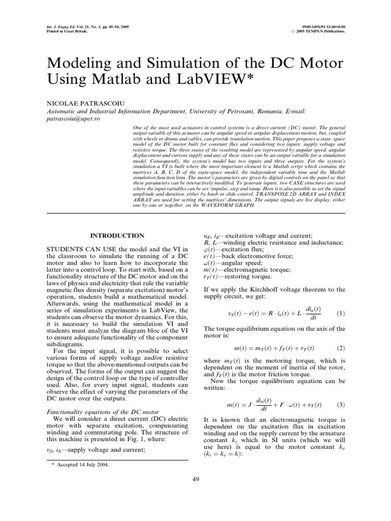 Modeling and Simulation of The DC Motor Using Matlab and Labview | PDF ...