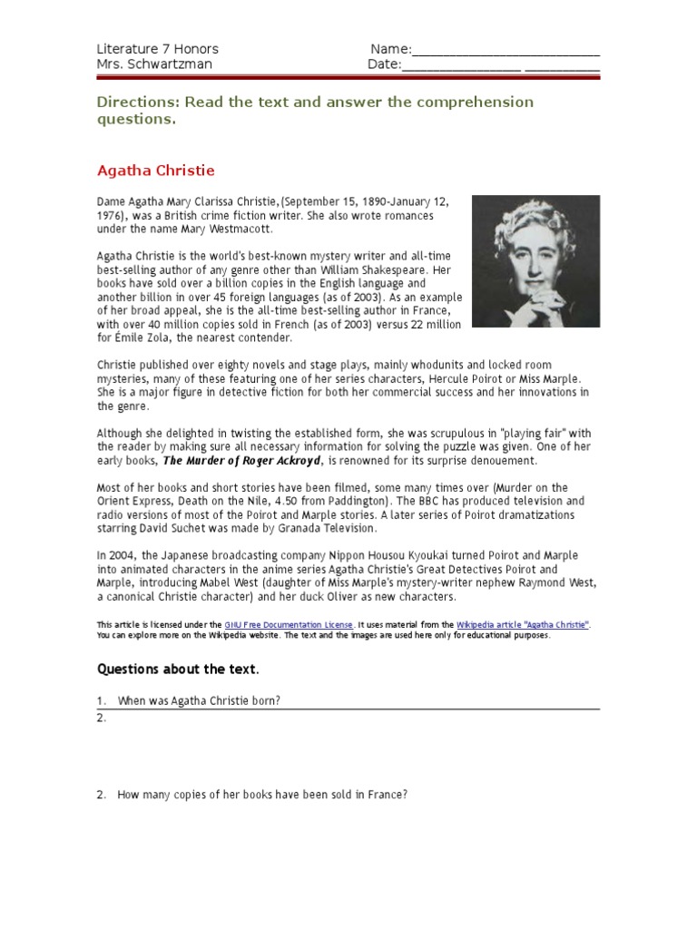 Agatha Christie: Directions: Read The Text and Answer The Comprehension ...