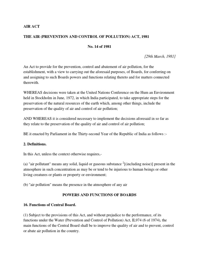 Air Act The Air (Prevention and Control of Pollution) Act, 1981 No. 14 ...