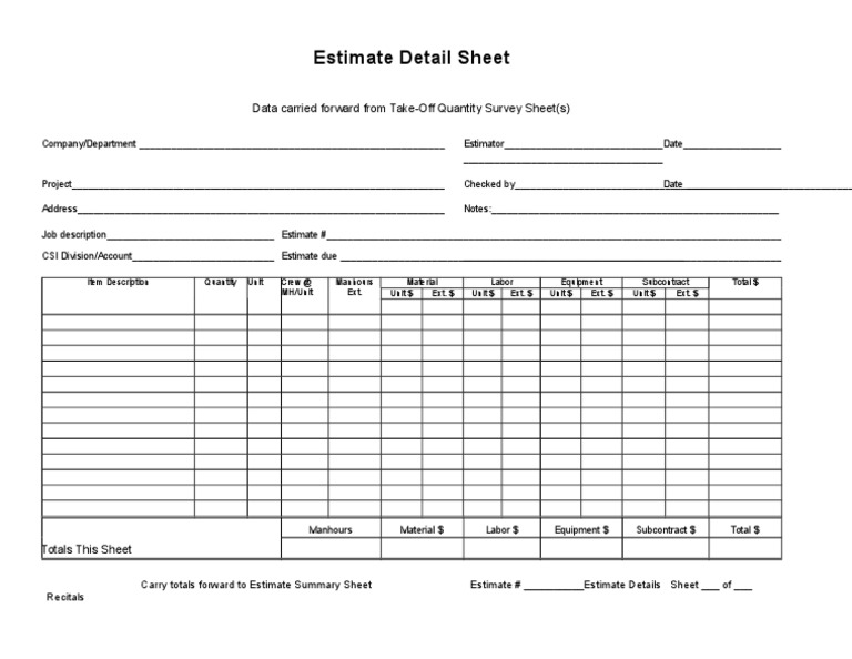 Estimate Detail Sheet: Data Carried Forward From Take-Off Quantity ...