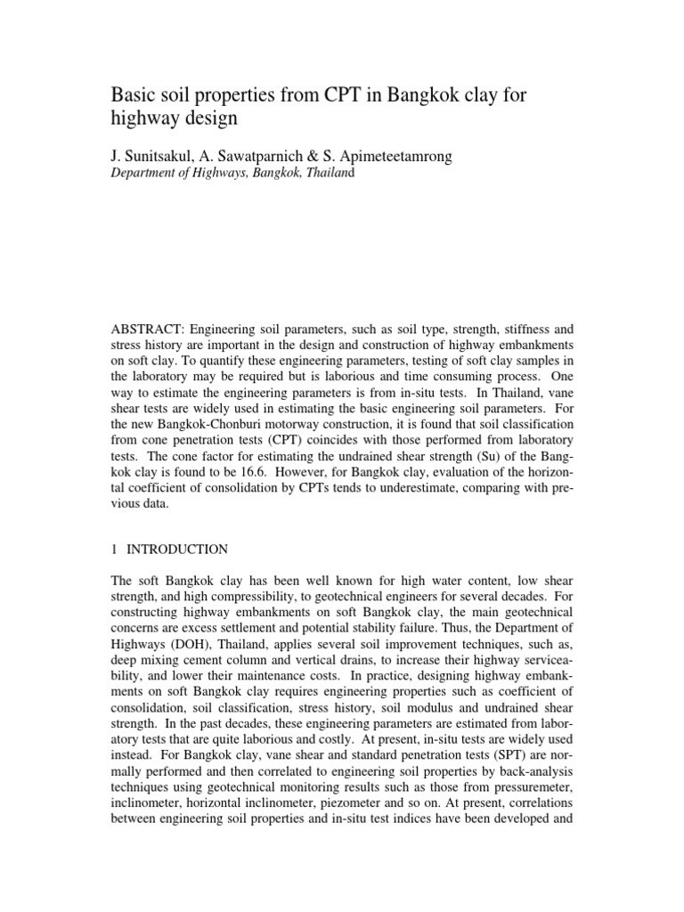 Basic Soil Properties From Cpt In Bangkok Clay For Highway Design Pdf