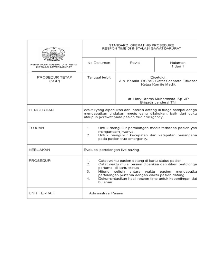 Standard Operating Prosedure Respon Time Di Instalasi Gawat Darurat | PDF | Wellness