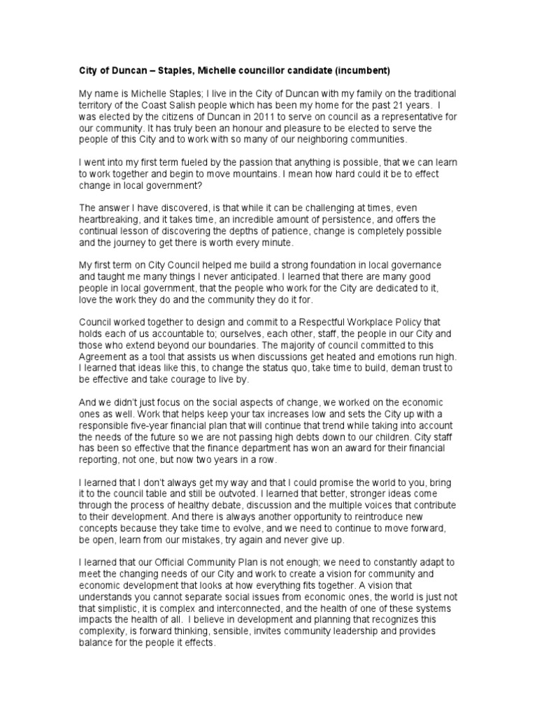 Michelle Staples: Duncan Councillor Candidate | PDF | Community ...