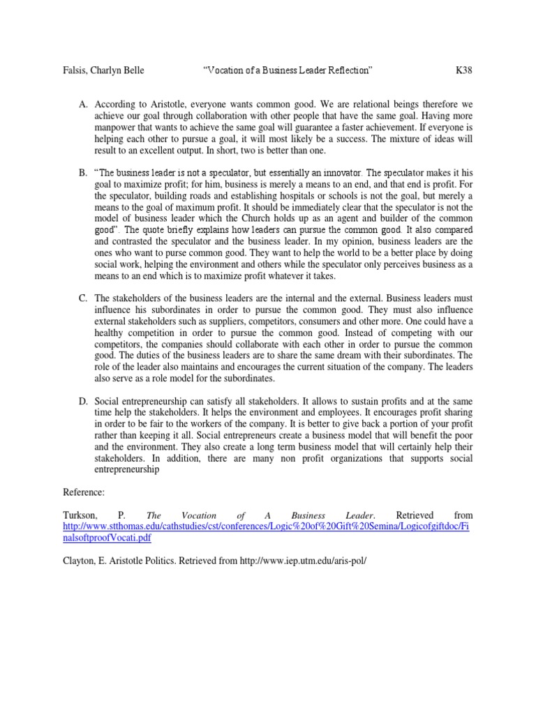 Vocation of A Business Leader Reflection | PDF | Social ...