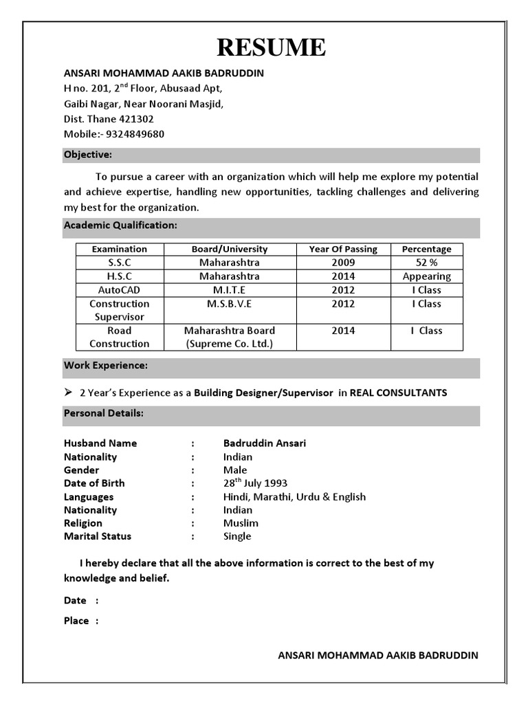 Resume: Examination Board/University Year of Passing Percentage | PDF