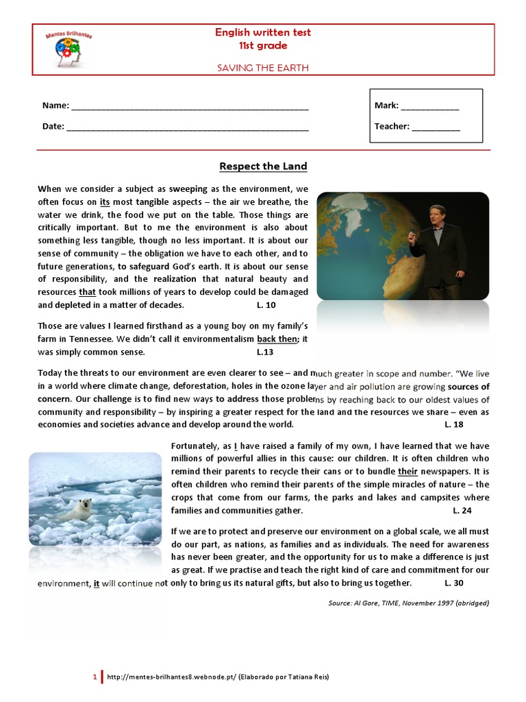 11th Grade English: Saving the Earth Test | PDF | Environmentalism | Earth