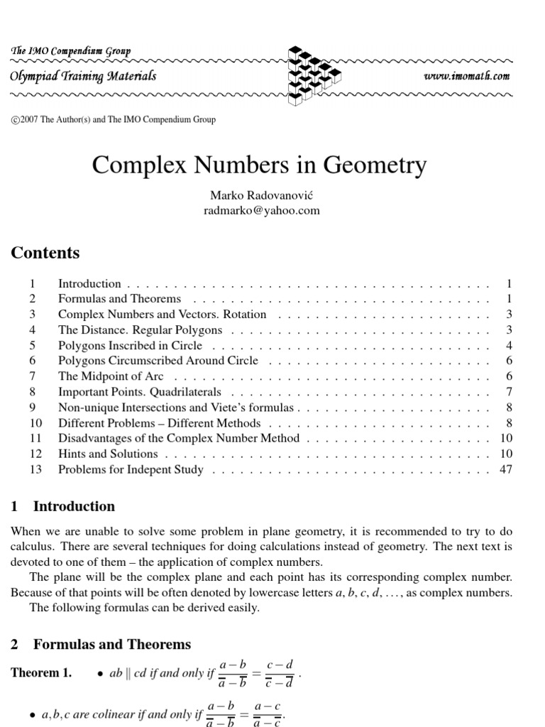 IMOMATH - Complex Numbers in Geometry | PDF | Triangle | Circle