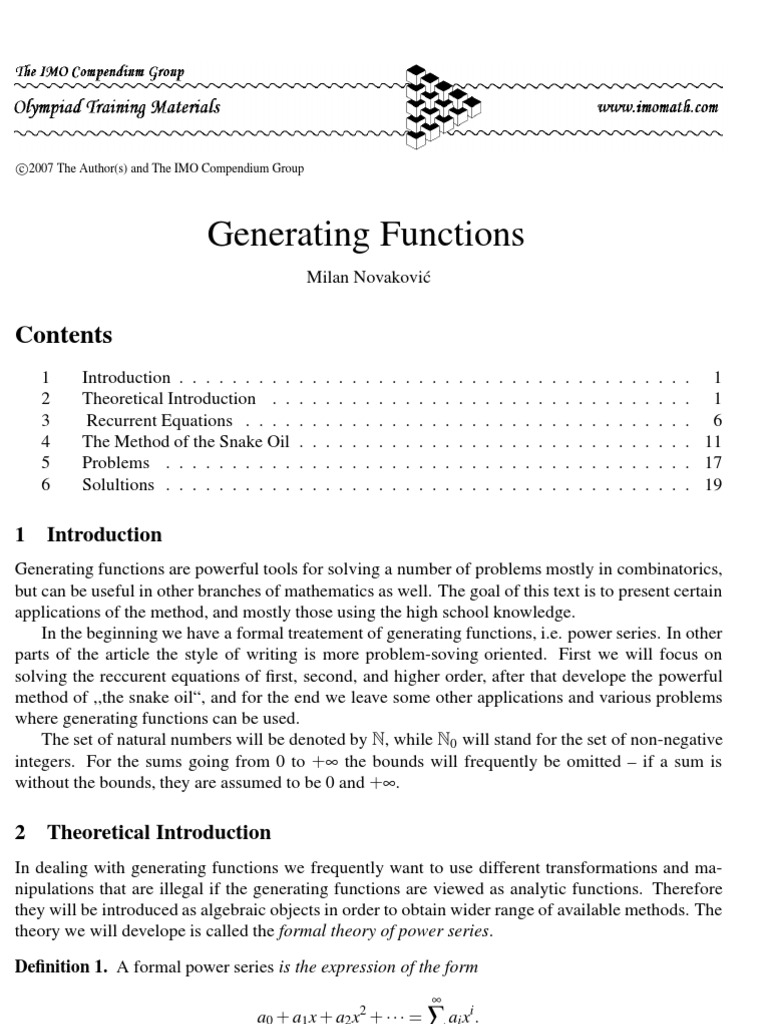 IMOMATH - Generating Functions | PDF | Summation | Recurrence Relation IMOMATH - Generating Functions | PDF | Summation | Recurrence Relation
