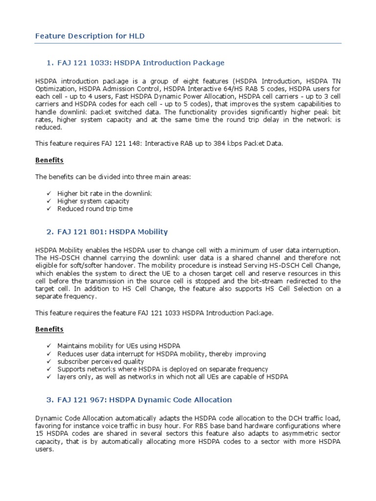 FAJ 121 1033: HSDPA Introduction Package: Feature Description For HLD | PDF | High Speed Packet ...