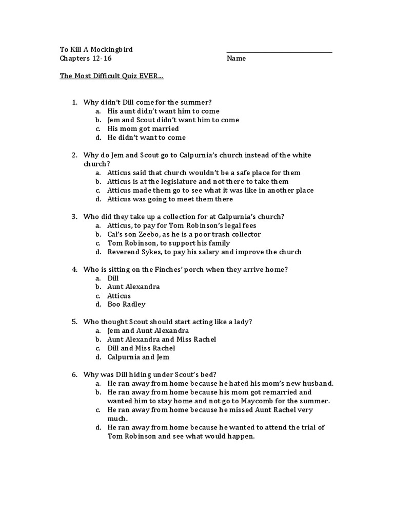 To Kill A Mockingbird 12-16 Quiz | PDF | To Kill A Mockingbird