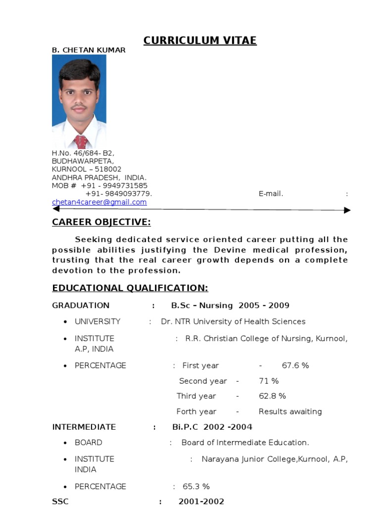 B. Chetan Kumar Nursing CV | PDF | Health Sciences | Cognition