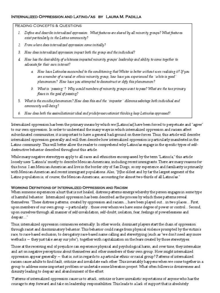 Internalized Oppression and Latino/as by Laura M. Padilla Reading ...