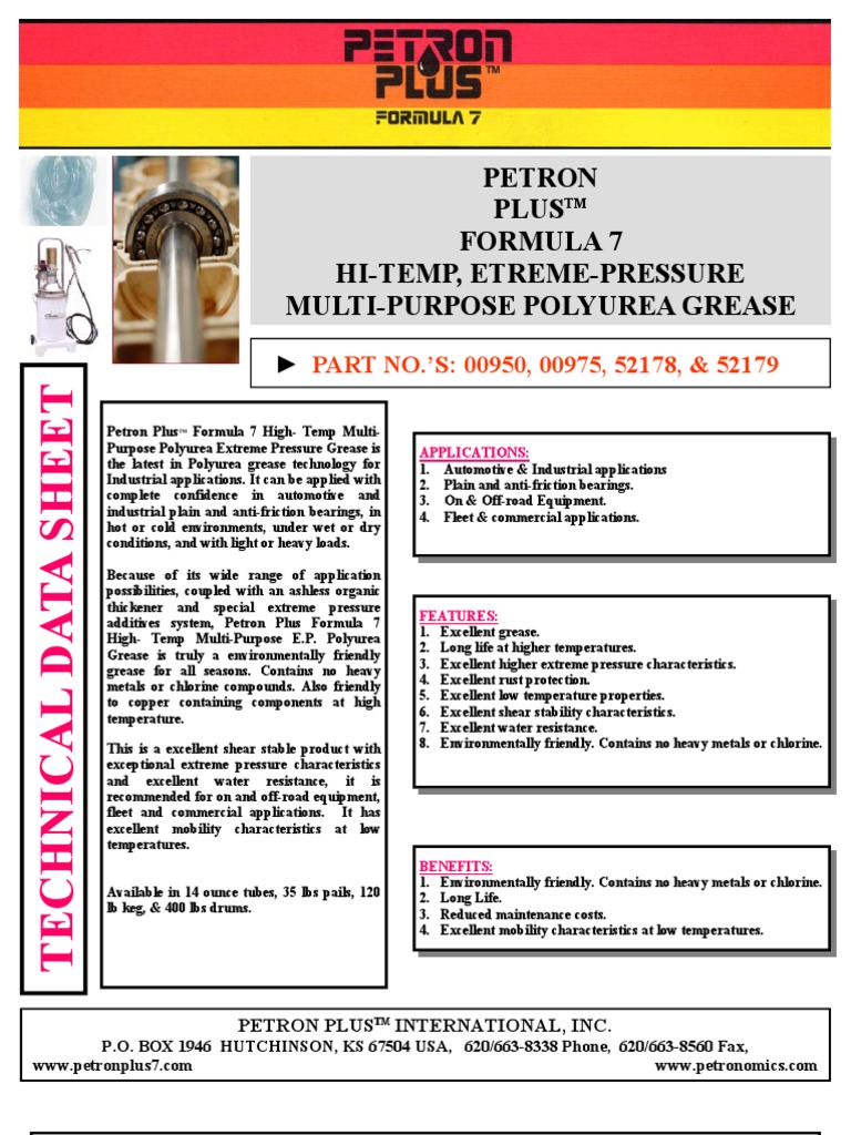 Petron Plustm Formula 7 Hi-Temp, Etreme-Pressure Multi-Purpose Polyurea ...