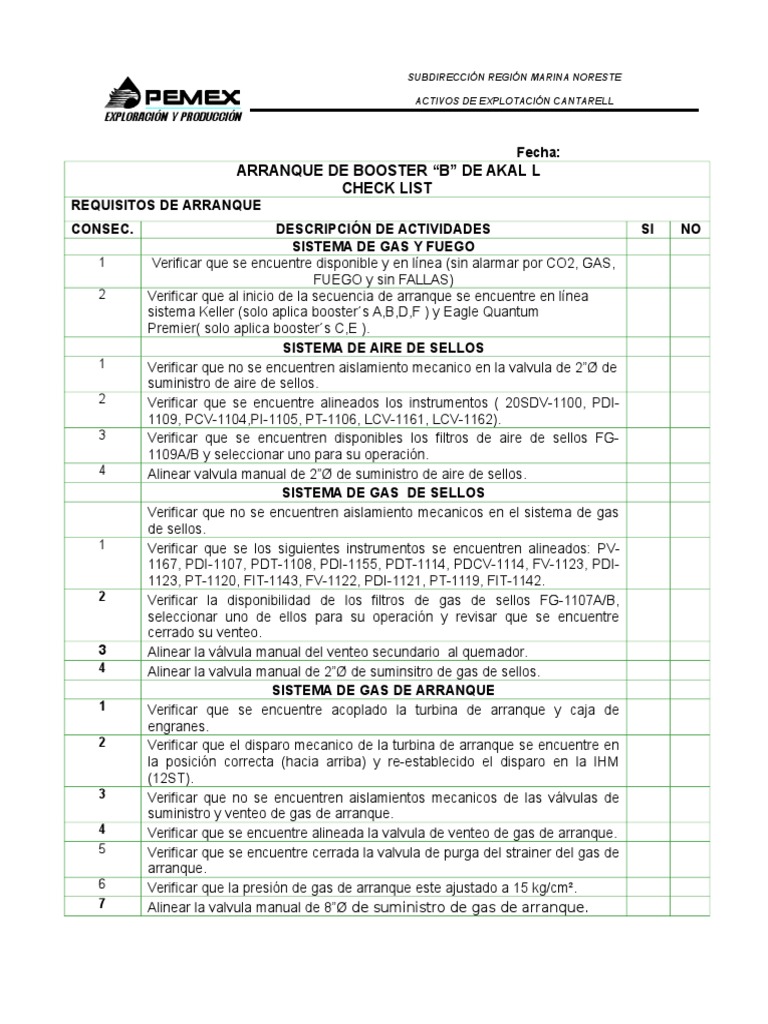 Check List Arranque de Booster Ak l | Fases de la materia ...