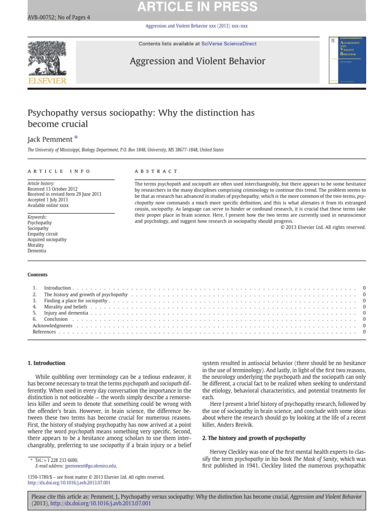 Psychopathy Versus Sociopathy | PDF | Psychopathy | Empathy