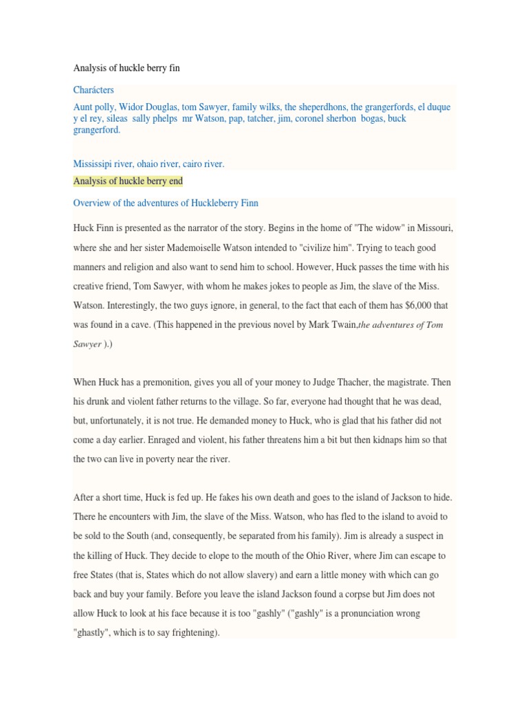 Huckleberry Finn Character Analysis | PDF | Adventures Of Huckleberry ...