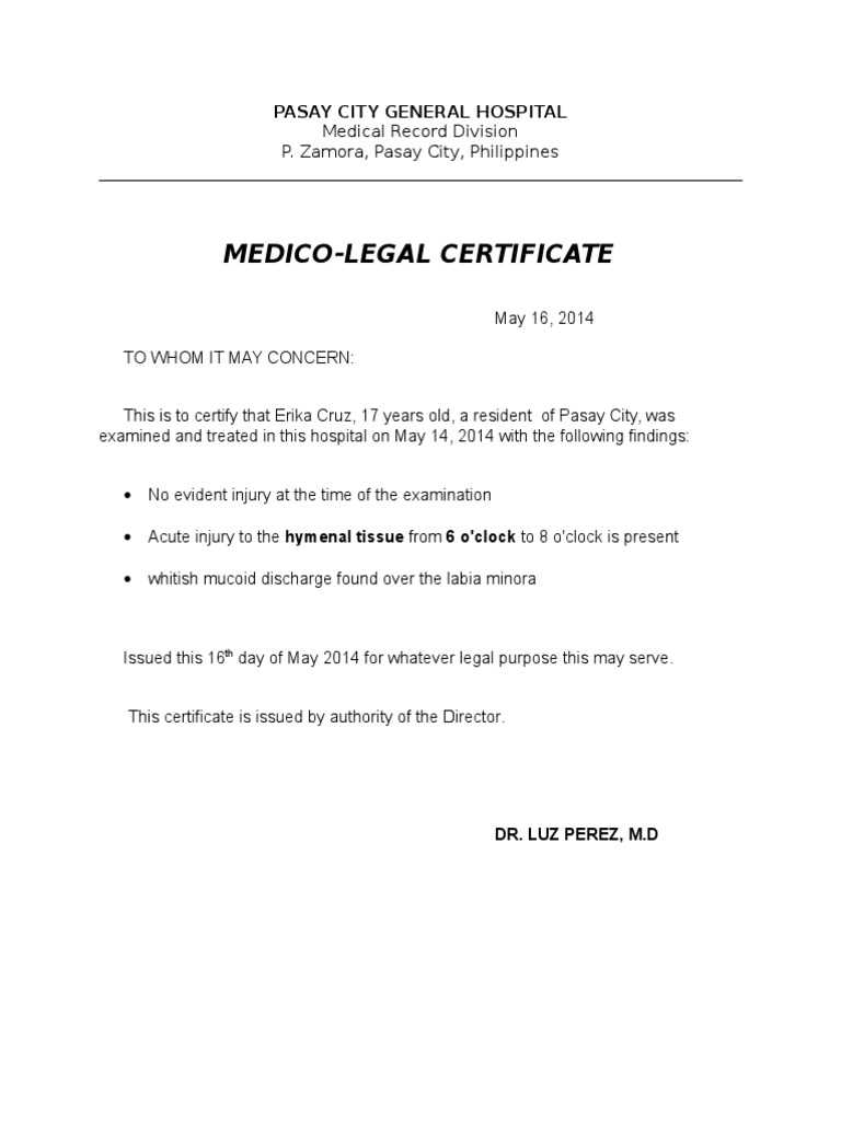 Medico-Legal Certificate: Pasay City General Hospital | PDF