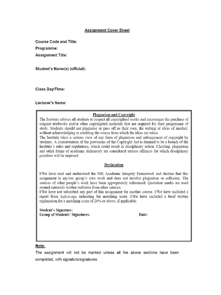 Assignment Cover Sheet NIE Version | PDF