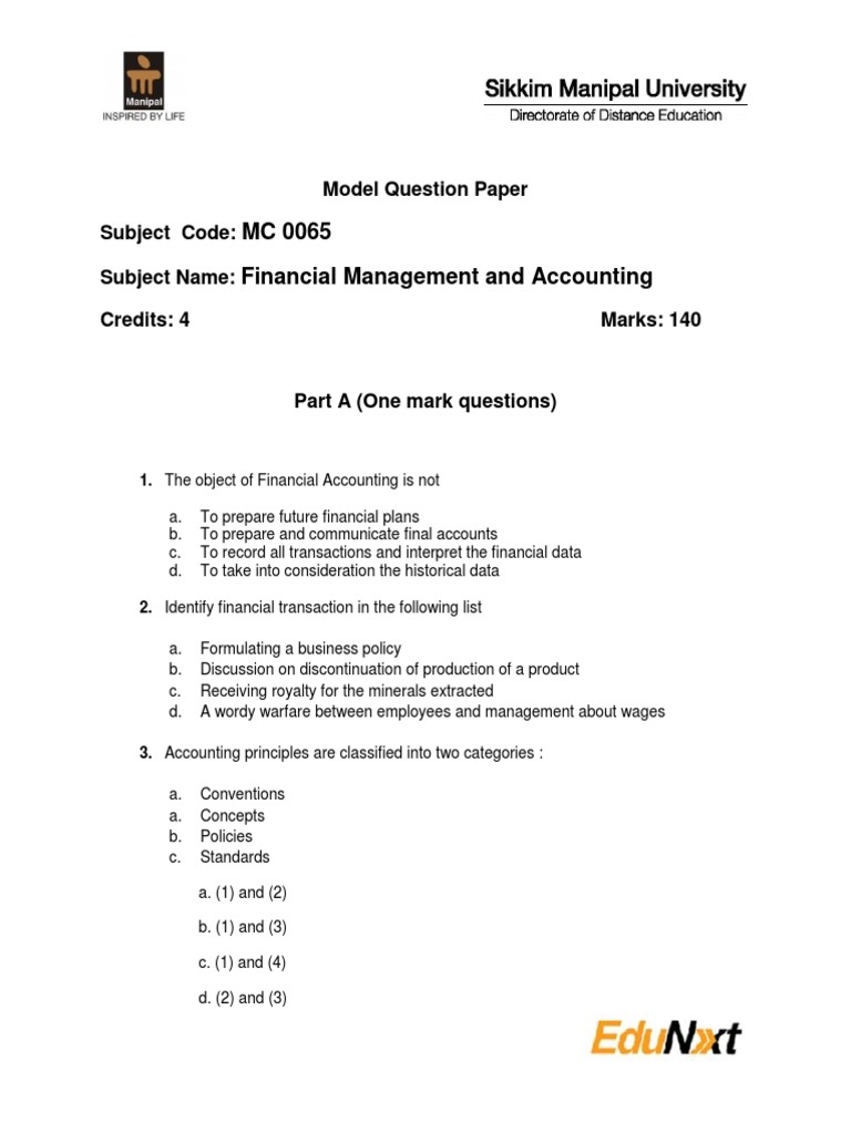 MC 0065 Financial Management and Accounting: Model Question Paper ...