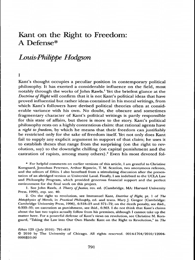 Kant on the Right of Freedom | Immanuel Kant | Free Will