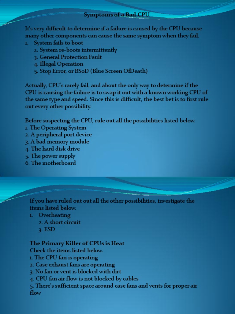 Symptoms and Solutions for Bad CPU | PDF | Bios | Central Processing Unit