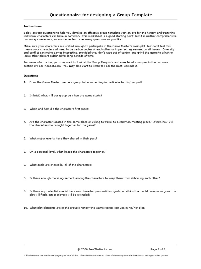 Questionnaire For Designing A Group Template | PDF