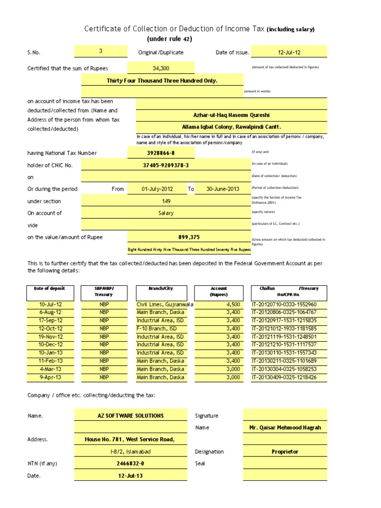 Certificate of Collection or Deduction of Income Tax: (Under Rule ...