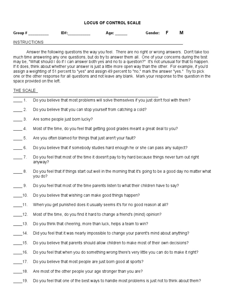 Locus of Control Scale: Group # - ID#: - Age: - Gender | PDF | Psychology