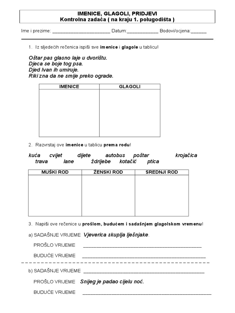 Imenice,Glagoli, Pridjevi Kontrolna