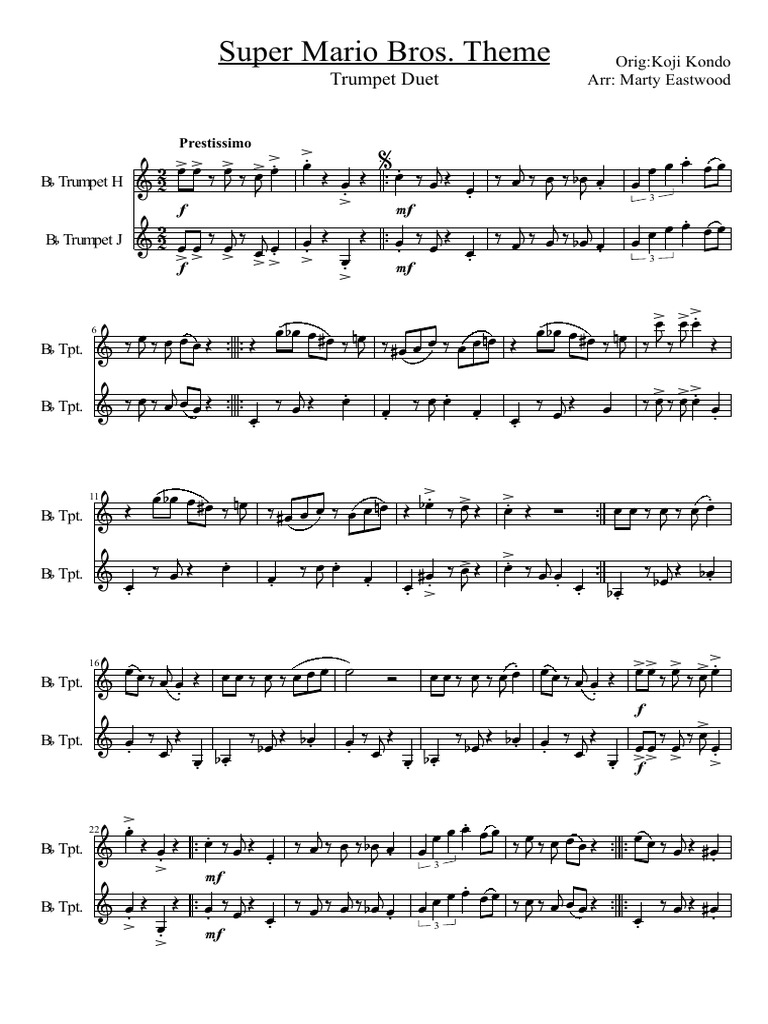 Super Mario Bros. Theme - Trumpet Duet - Arr - Marty Eastwood