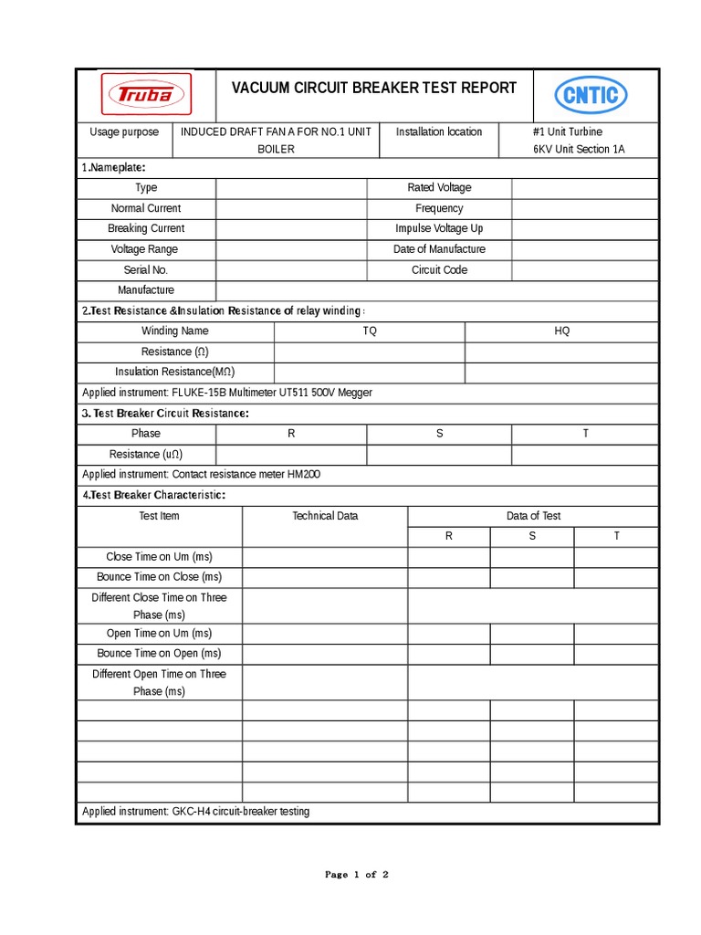 Vacuum Circuit Breaker Test Report: 1.nameplate | PDF