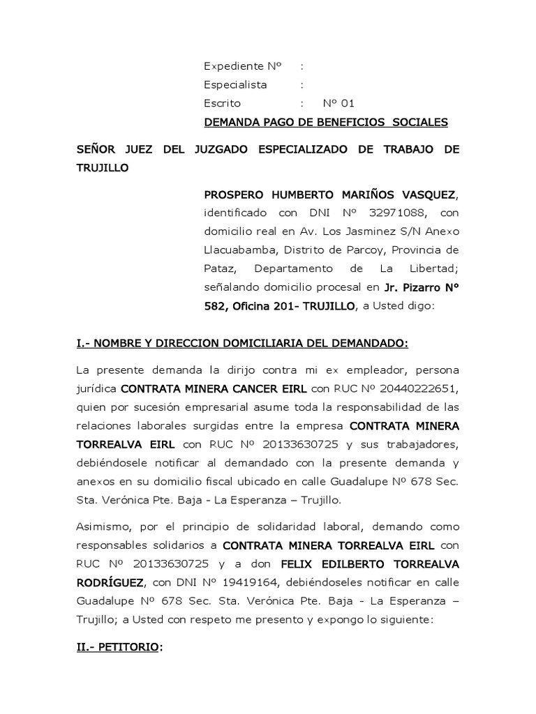 Demanda de Beneficios Sociales (Última) | Derecho laboral | Personalidad legal