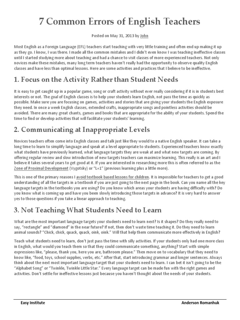 7 Common Errors of English Teachers | PDF | English As A Second Or ...