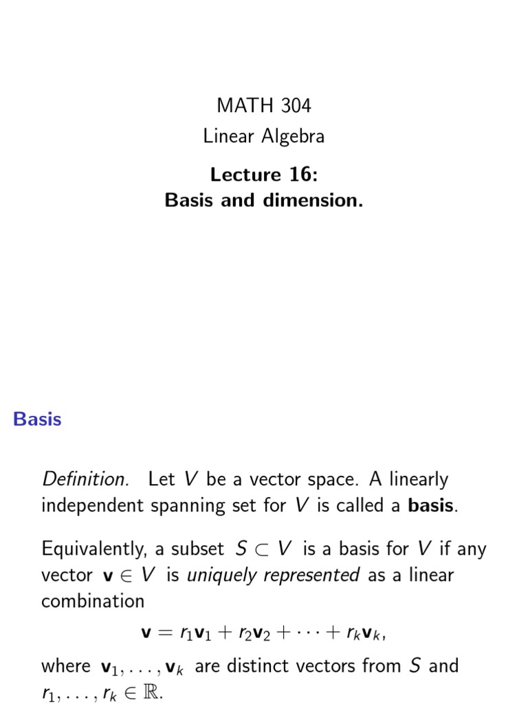MATH 304 Linear Algebra Basis and Dimension | PDF | Basis (Linear ...