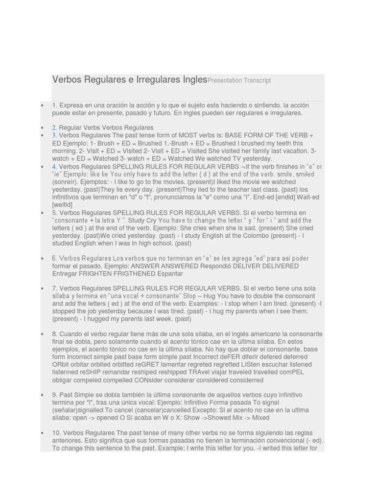 Verbos Regulares e Irregulares InglesPresentation Transcript | PDF ...