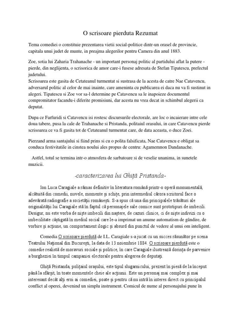 Rezumat - O Scrisoare Pierduta | PDF