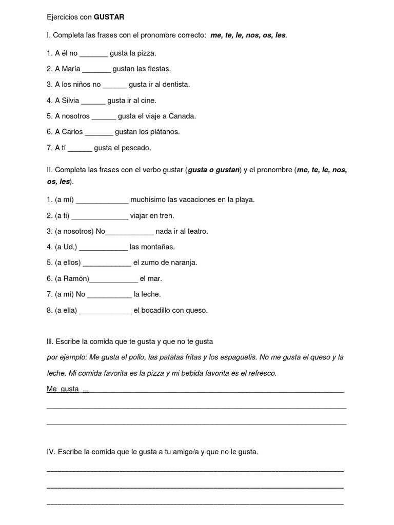 Ejercicios del verbo gustar en español | PDF
