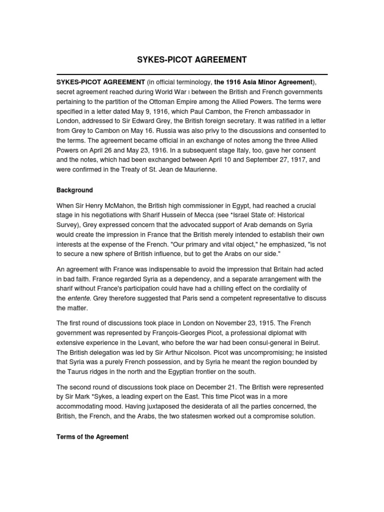 Sykes-Picot Agreement Overview 1916 | PDF | Sykes–Picot Agreement ...