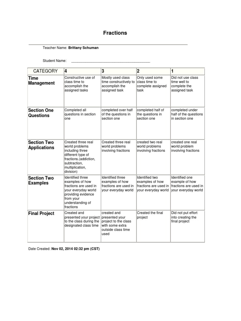 Fractions Assessment Rubric | PDF | Computers