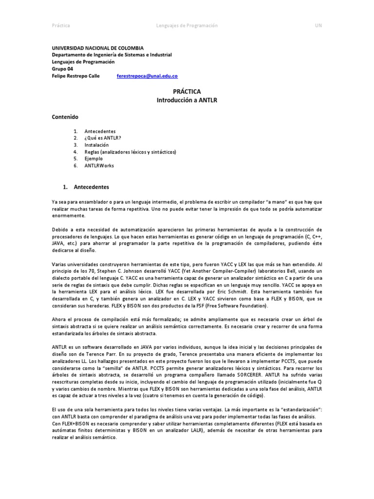 Tutorial ANTLR | PDF | Compilador | Lenguaje de programación