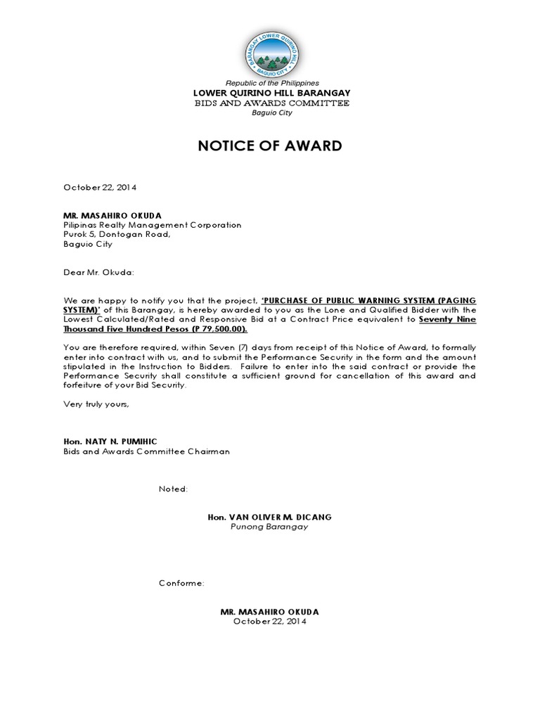 Bac Notice of Award | PDF